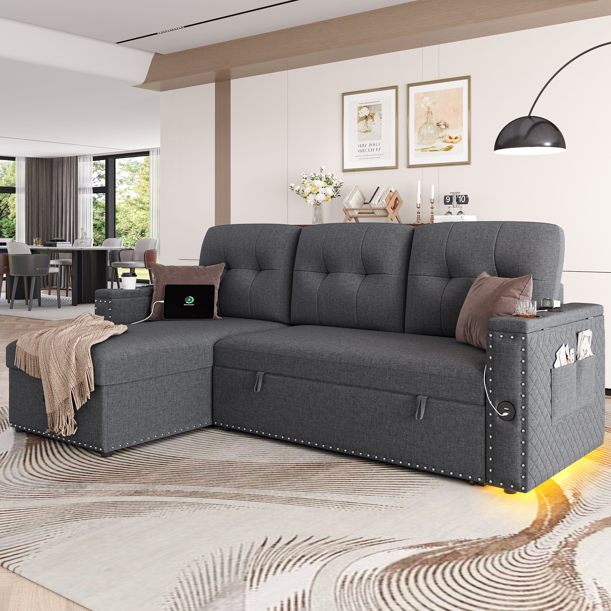 Wrought Studio™ [ON SALE] L-Shaped Sectional Sofa, Pull Out Sleeper Couch With LED & Charging ...